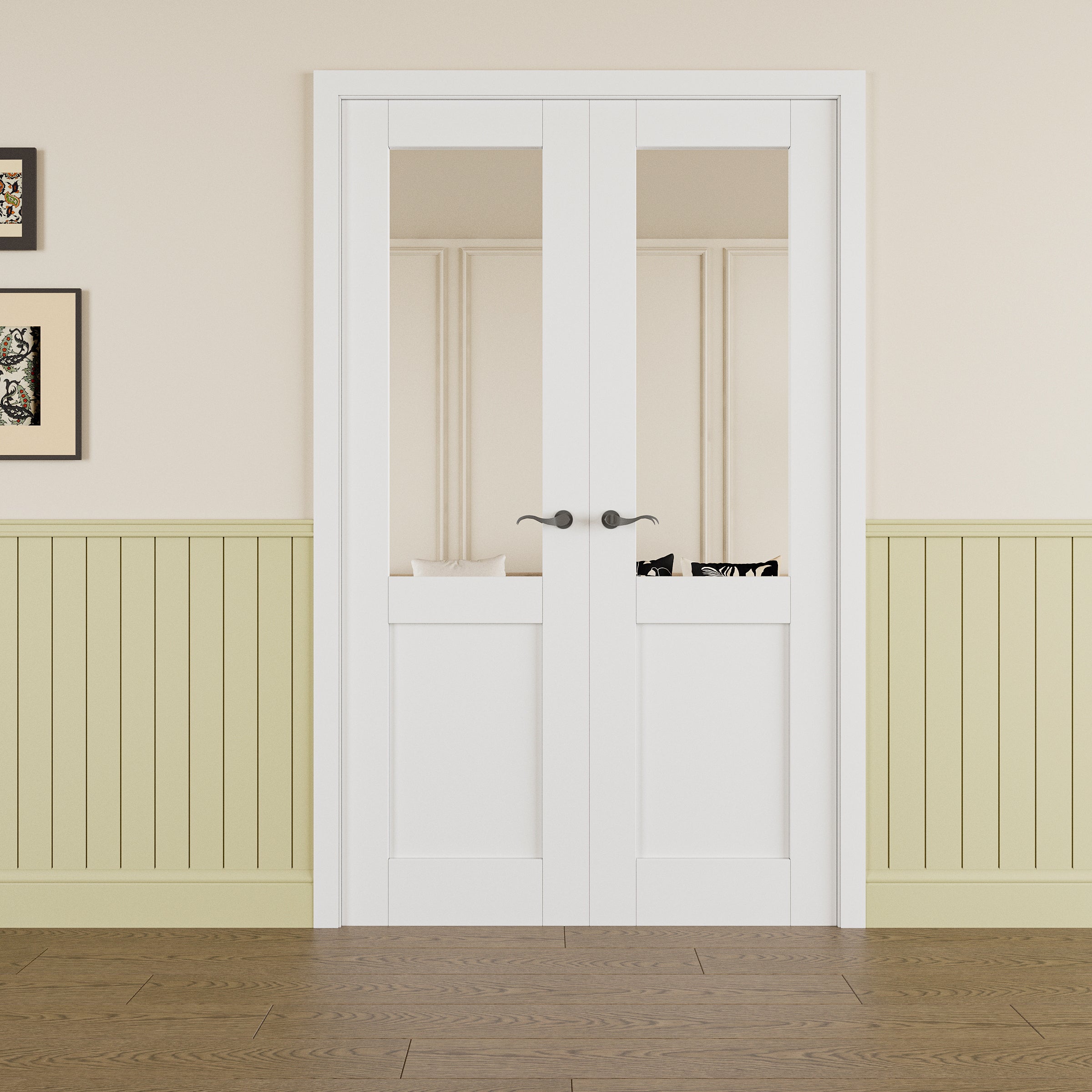 Half-Lite Mirror White Solid Core Double Prehung French Door with Ready ...